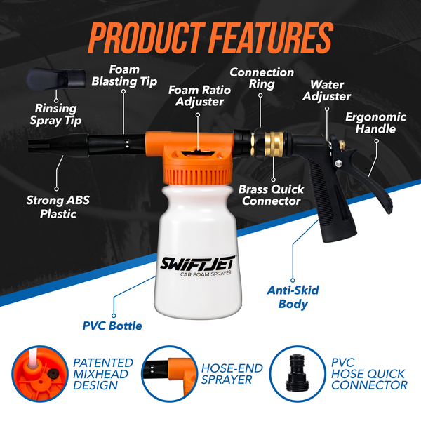 Car Wash Foam Gun + Free Microfiber Wash Mitt (Choose Orange, Blue or – SwiftJet